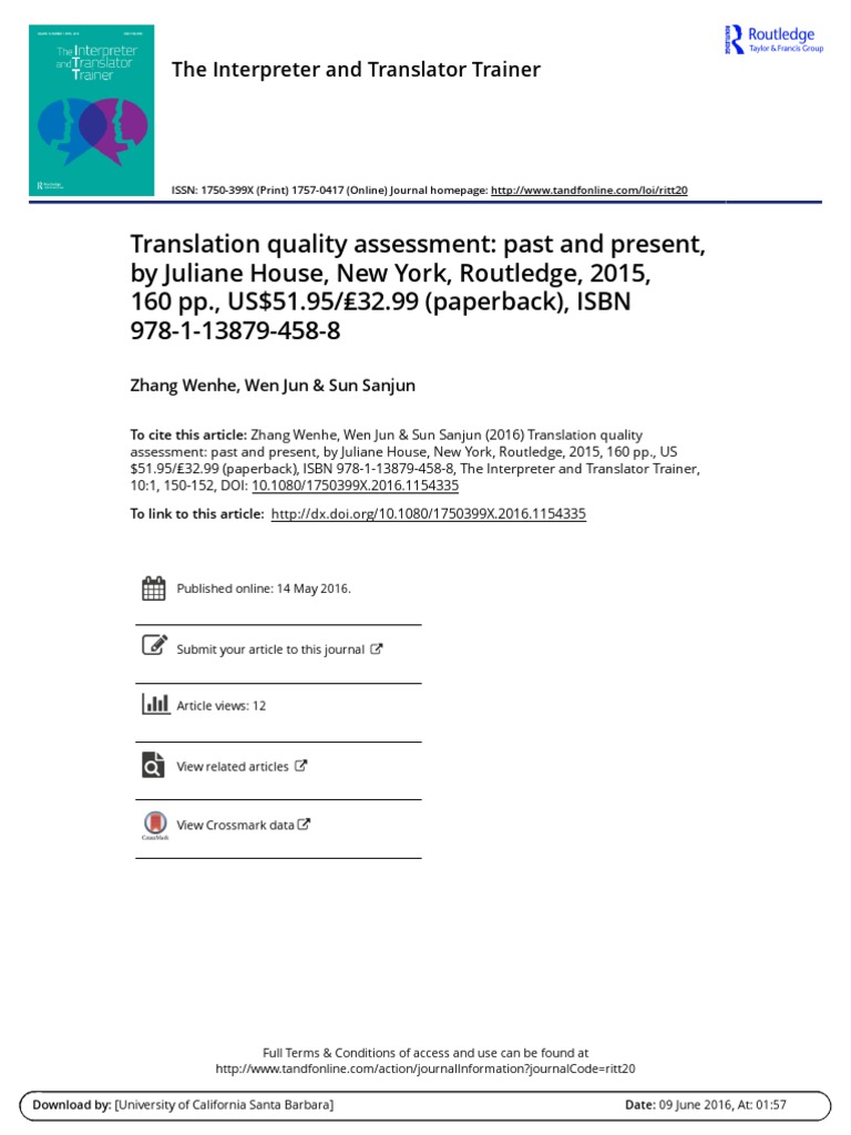 Translation Quality Assessment: Past and Present, by Juliane House, New ...