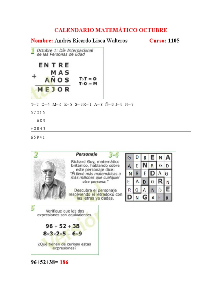Calendario Matemático Octubre | PDF | Hogar, jardinería y bricolaje