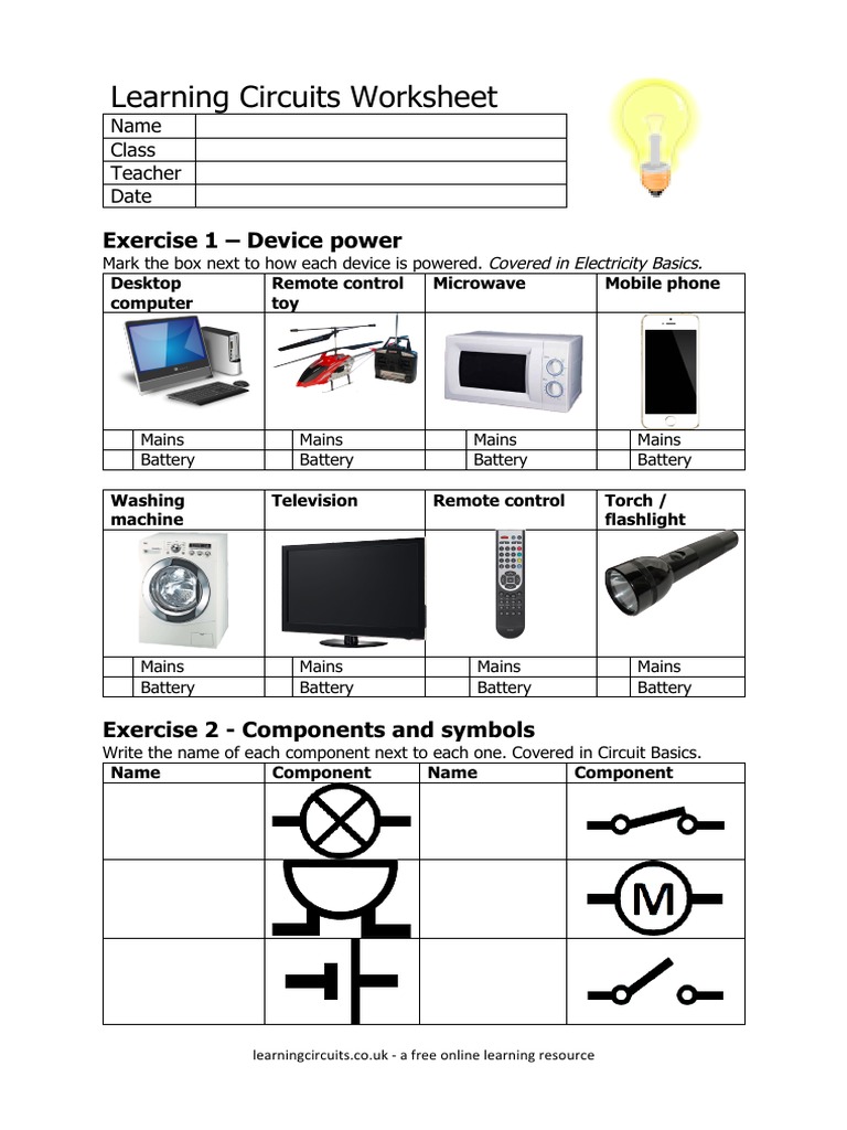 Learning Circuits Worksheet: Exercise 1 - Device Power | PDF