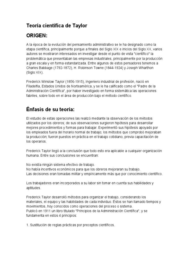 Teoría Científica de Taylor en Administración | PDF | Teoría ...
