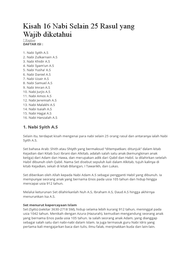 Kisah 16 Nabi Selain 25 Rasul Yang Wajib | PDF | Ilmu Sosial | Sejarah