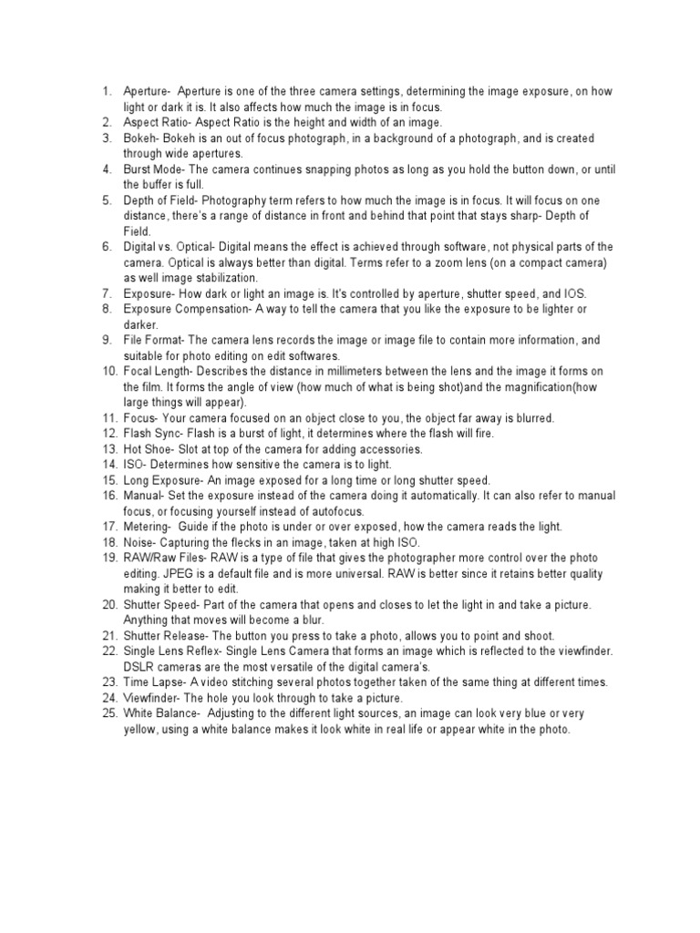 Photography Vocabulary | PDF | Camera | Exposure (Photography)