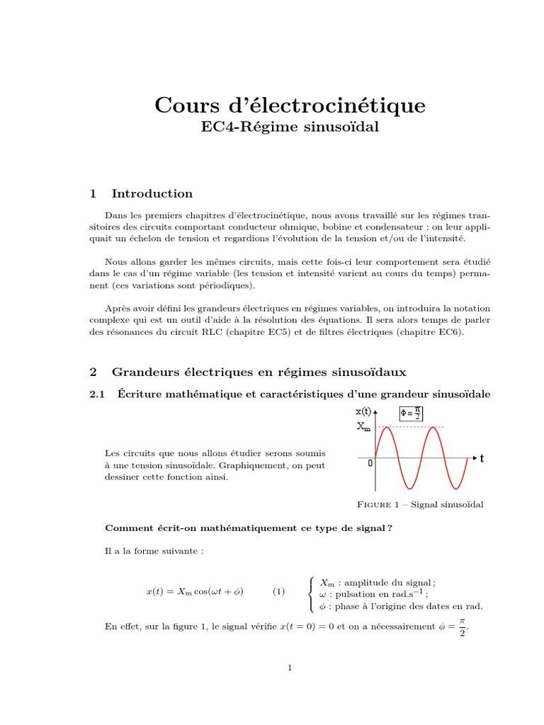 Régime Sinusoïdal en Électrocinétique | PDF | Impédance (électricité ...