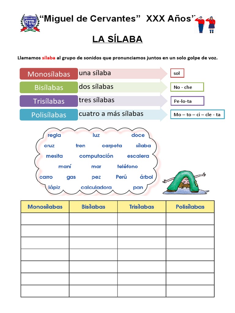 "Miguel de Cervantes" XXX Años" La Sílaba: Monosílabas Bisílabas ...