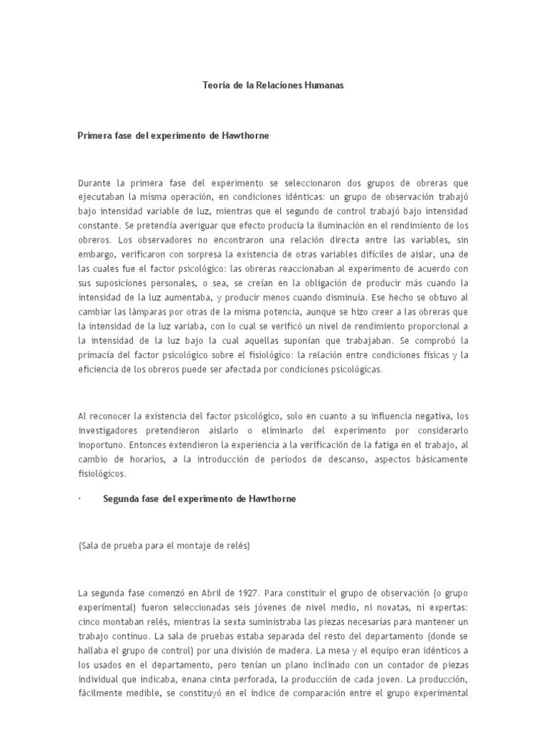 Fases del Experimento de Hawthorne | PDF | Comportamiento | Sicología
