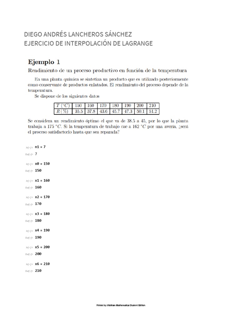 Diego Andrés Lancheros Sánchez Ejercicio de Interpolación de Lagrange | PDF | Leisure | Sports