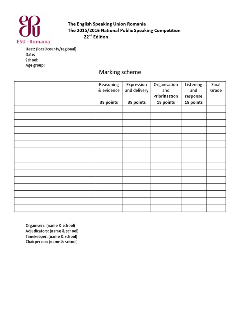 Marking Scheme: The English Speaking Union Romania The 2015/2016 ...