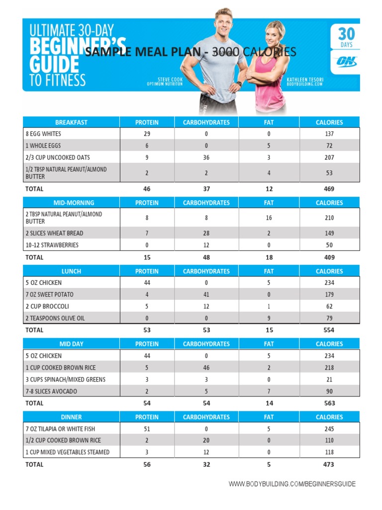 Sample Meal Plan - 3000 Calories: Breakfast Protein Carbohydrates FAT ...