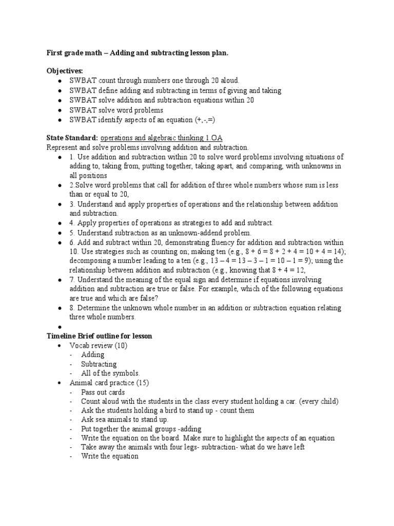 Educ 150 Lesson Plan El Ed Math | PDF | Subtraction | Equations