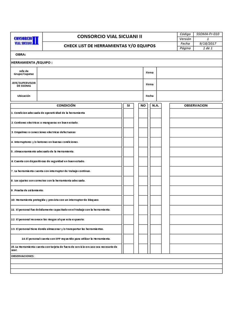 SSOMA-Fr-010 Check List de Herramientas | PDF