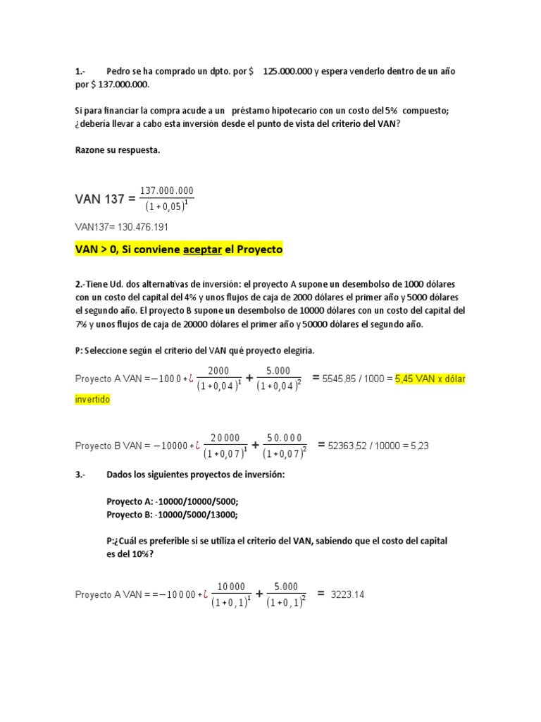Ejercicio Valor Actual Neto | PDF | Valor presente neto | Presupuesto de capital