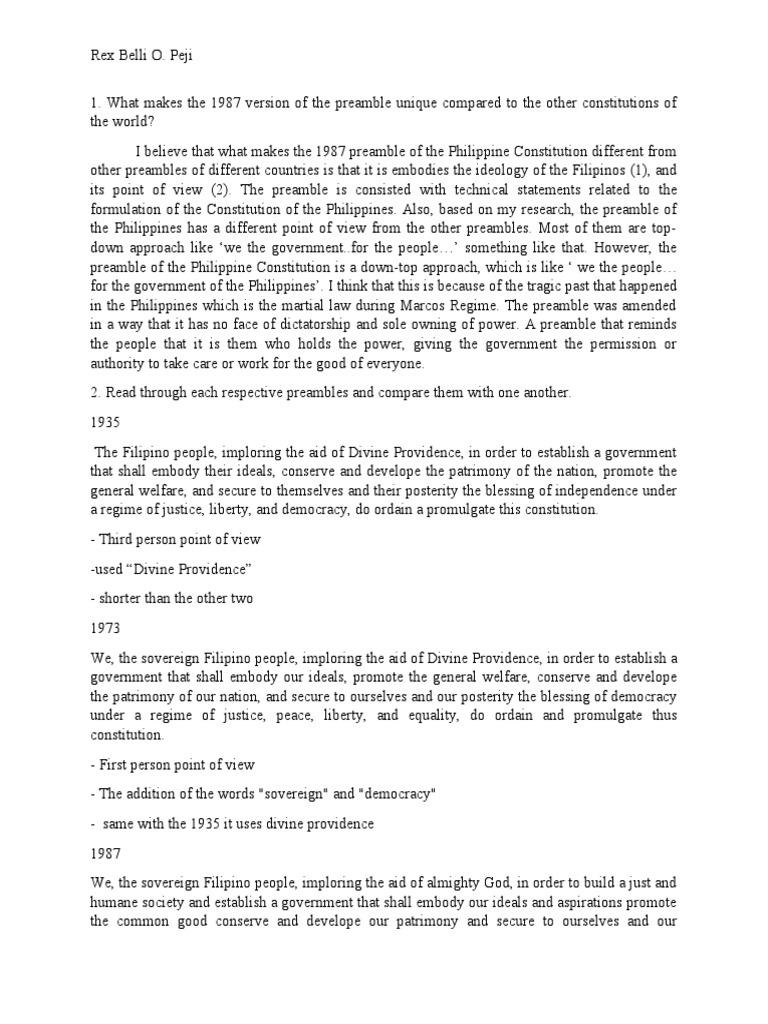 Personal Interpretation of The Preamble of The Philippine Constitution ...