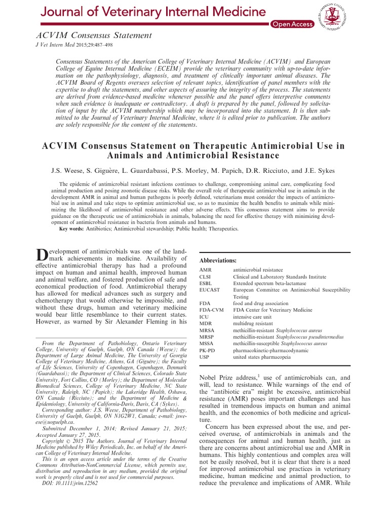 ACVIM Consensus Statement On Therapeutic Antimicrobial Use in Animals ...