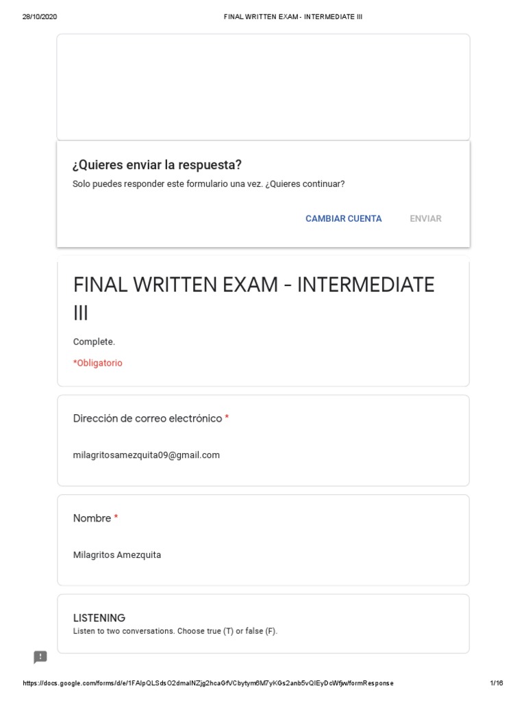 Final Written Exam - Intermediate III: ¿Quieres Enviar La Respuesta ...