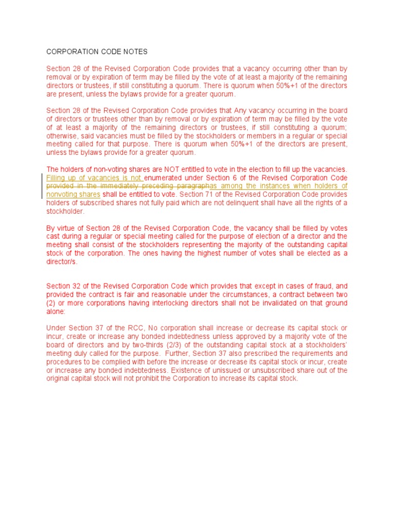 Corporation Code Notes | PDF | Quorum | Corporations