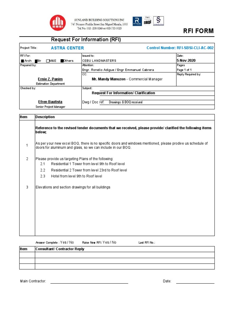 Rfi Form: Request For Information (RFI) | PDF