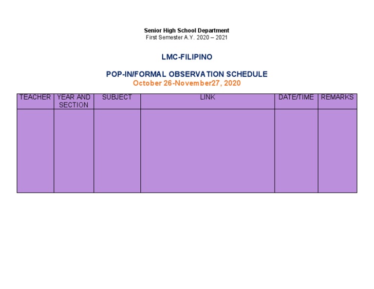 Pop-In Formal Observation Template | PDF