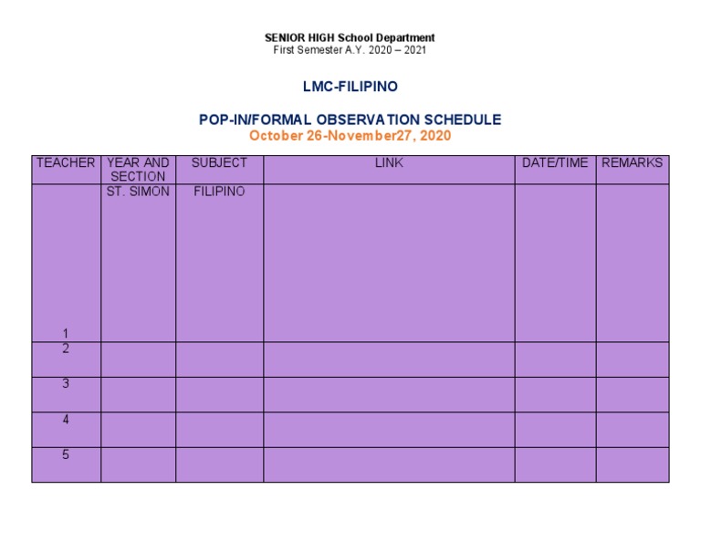 Pop-In Formal Observation Template | PDF
