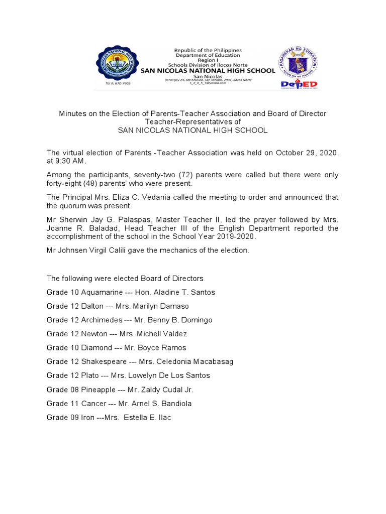 Minutes of The Election of Officers at SNNHS | PDF