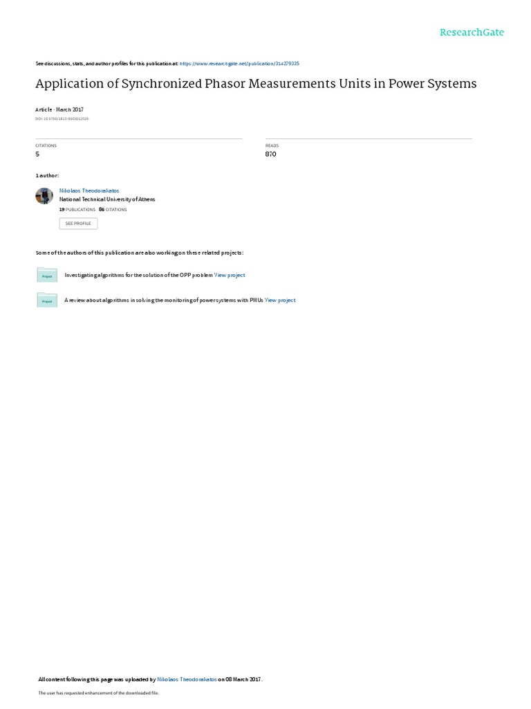 Application of Synchronized Phasor Measurements Units in Power Systems | PDF | Electrical ...