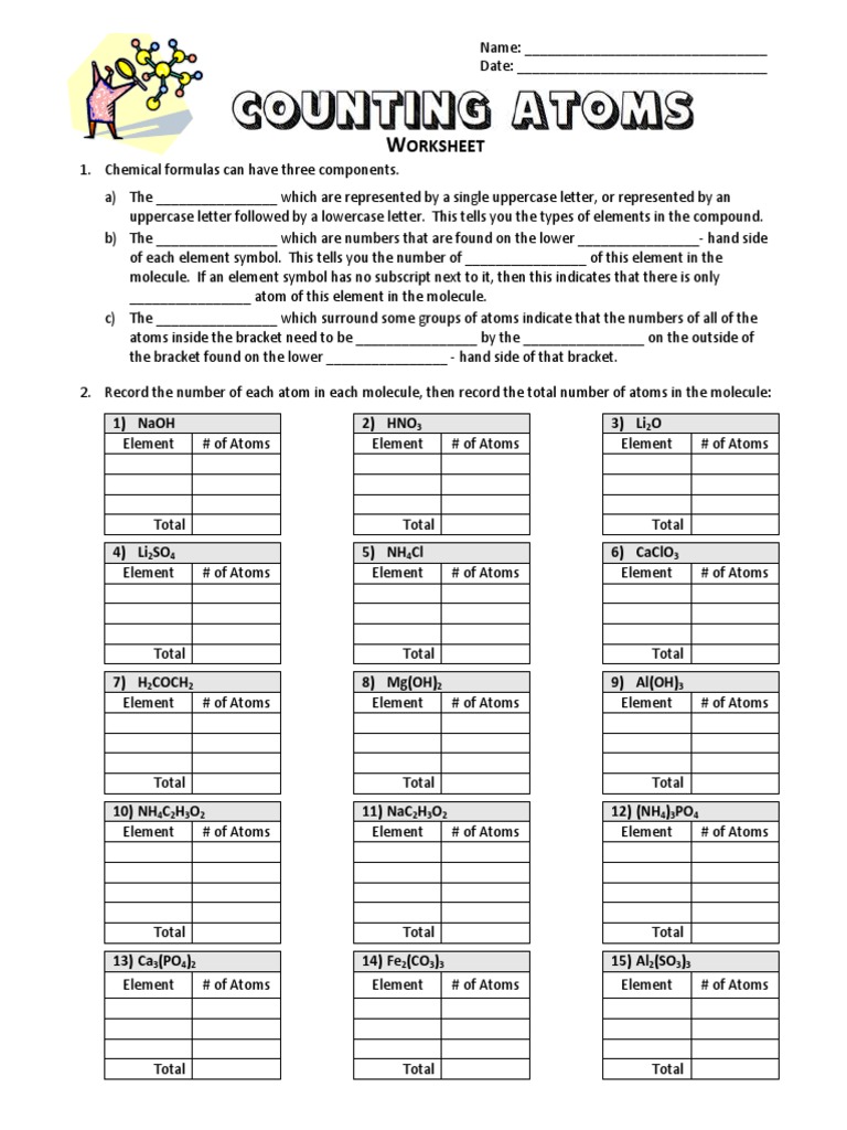 13 - Counting Atoms - Worksheet PDF | PDF | Molecules | Chemical Elements