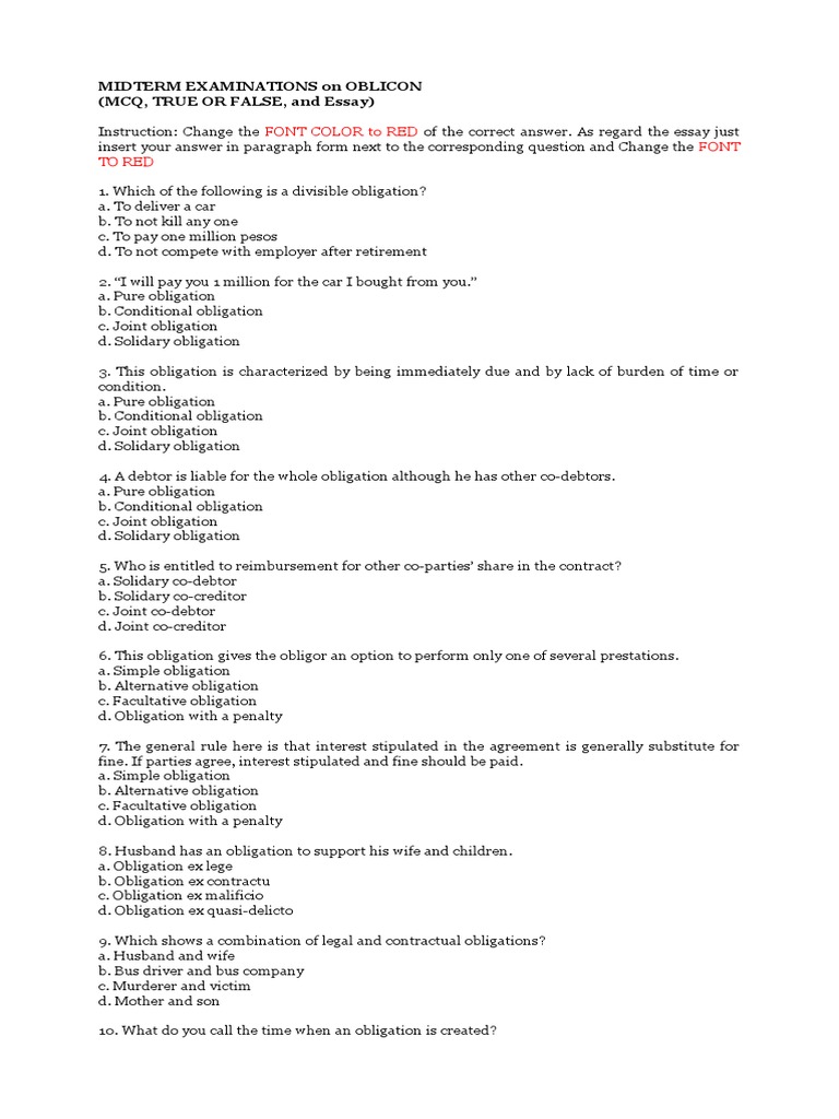 MIDTERM EXAMINATIONS On OBLICON | PDF | Law Of Obligations | Legal Remedy