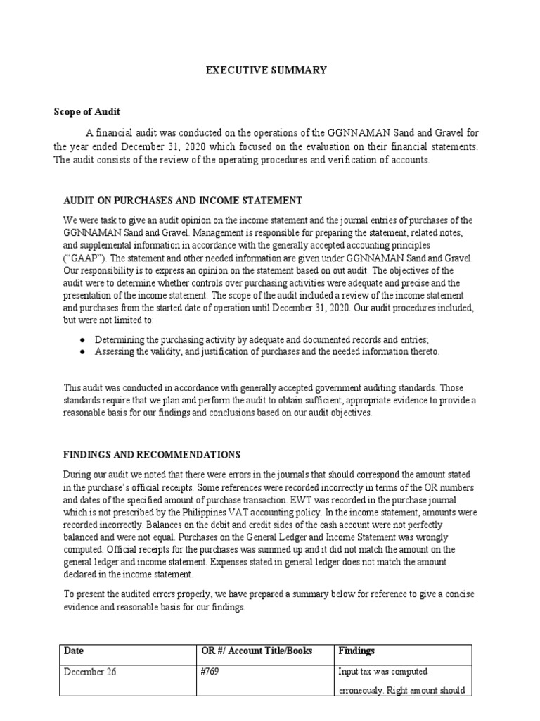 Executive Summary: Audit On Purchases and Income Statement | PDF ...