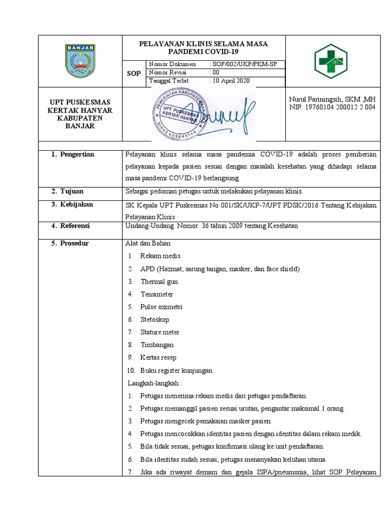 SOP Pelayanan Klinis Selama Pandemi 2020 | PDF
