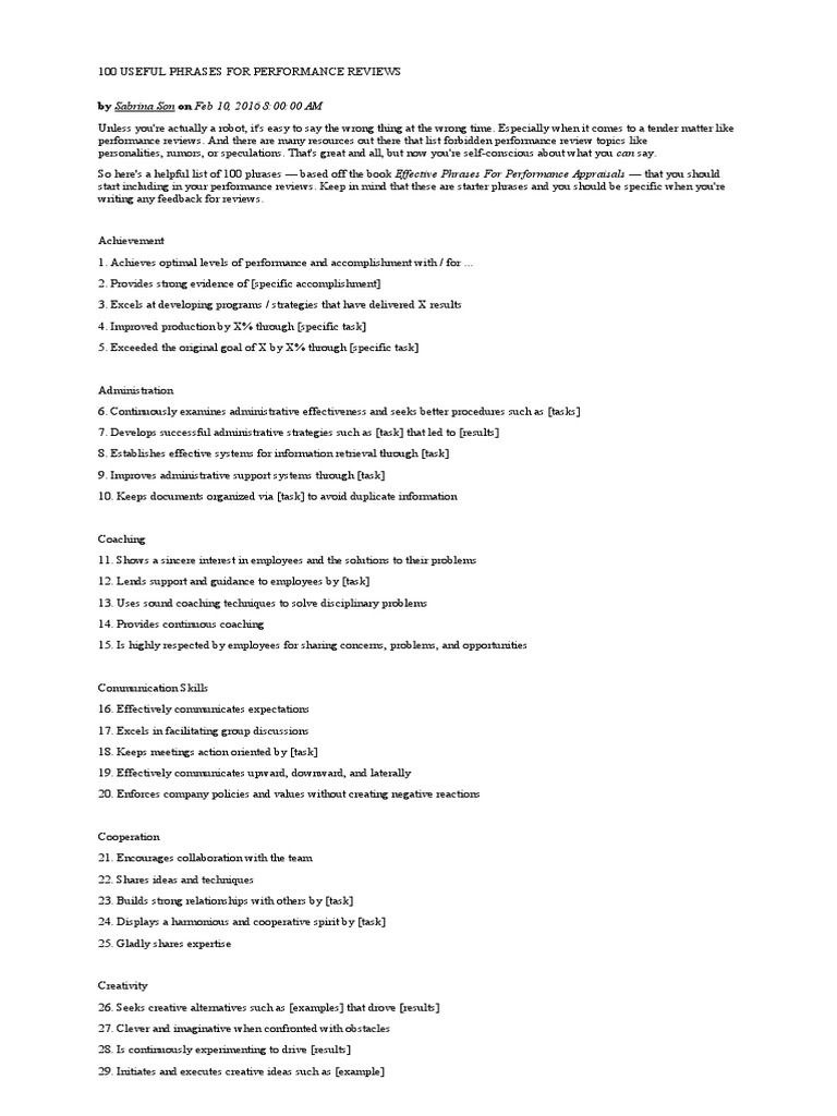 100 Useful Phrases For Performance Reviews | PDF | Performance ...
