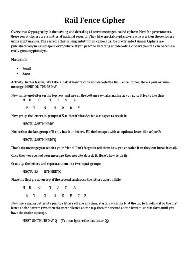Rail Fence Cipher: Materials | PDF | Cryptanalysis | Cipher