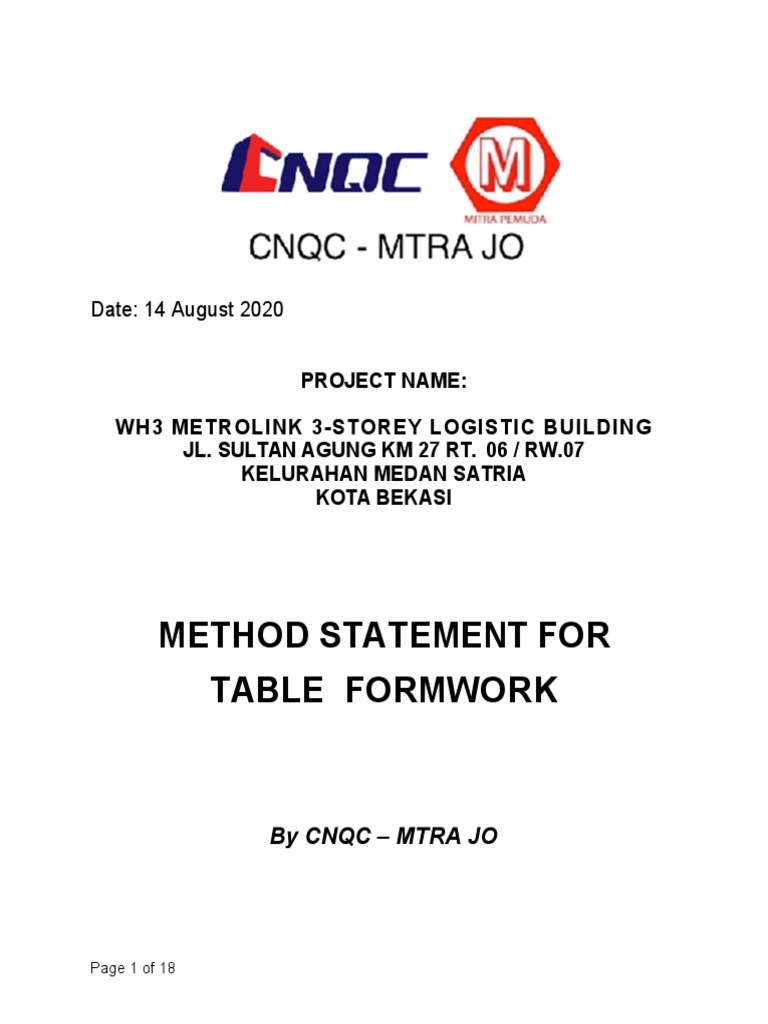 METHOD STATEMENT of Table Formwork PDF | PDF | Crane (Machine ...