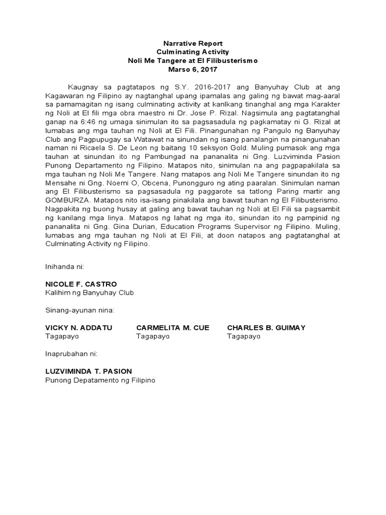 Narrative Report Culminating Activity Filipino | PDF