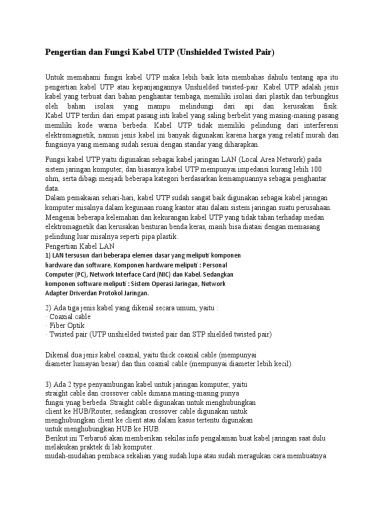 Pengertian Dan Fungsi Kabel UTP | PDF | Komputer