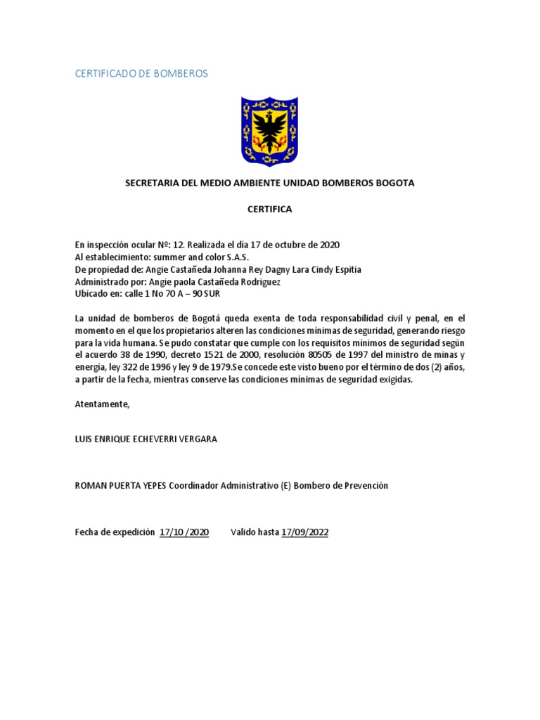 Certificado De Bomberos Summer Pdf Pdf