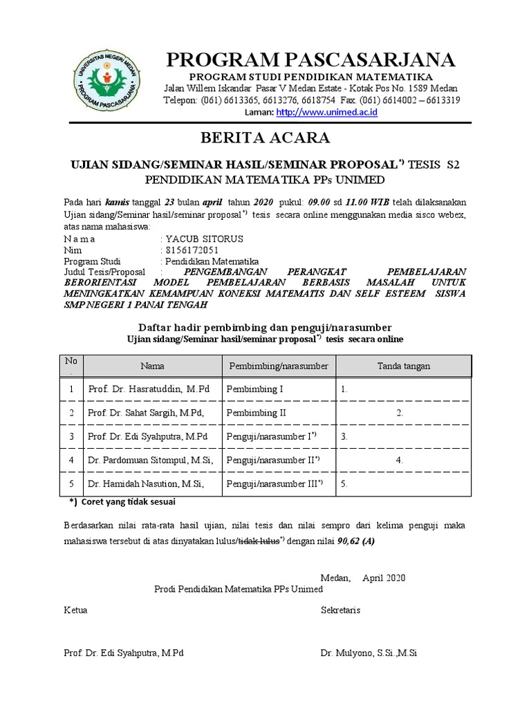 Berita Acara Ujian-Semhas-Sempro Online Yacub Sitorus | PDF