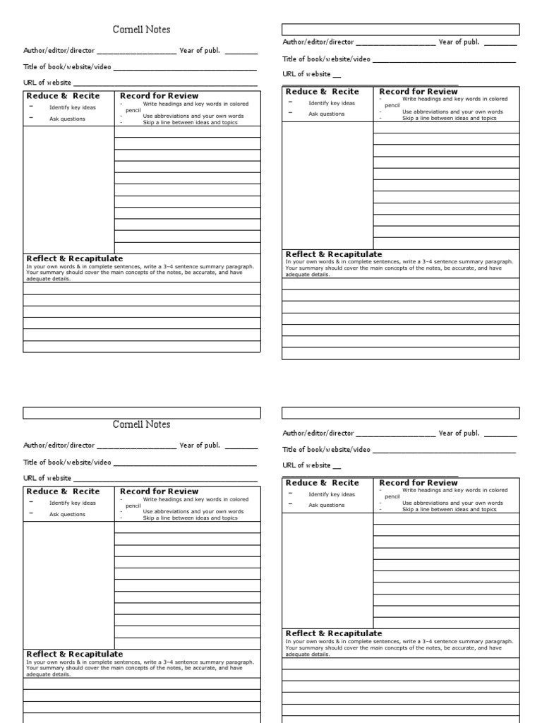Cornell Notes: Reduce & Recite Record For Review Reduce & Recite Record ...