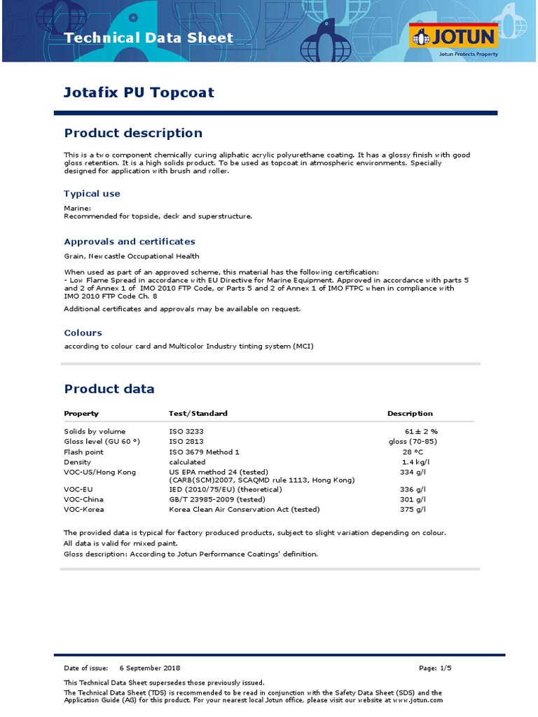 Jotafix PU Topcoat: Technical Data Sheet | PDF | Paint | Industrial ...