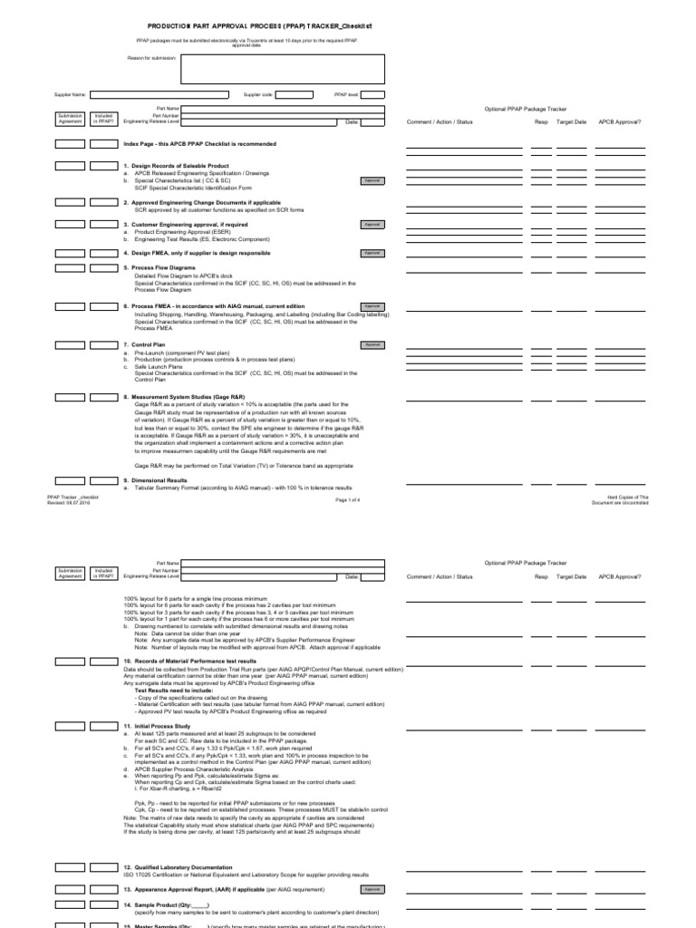 Production Part Approval Process (Ppap) Tracker - Checklist | PDF ...