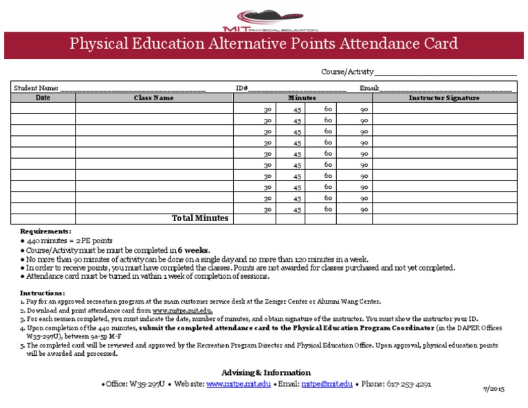 Physical Education Attendance Card | PDF | Physical Education | Further ...