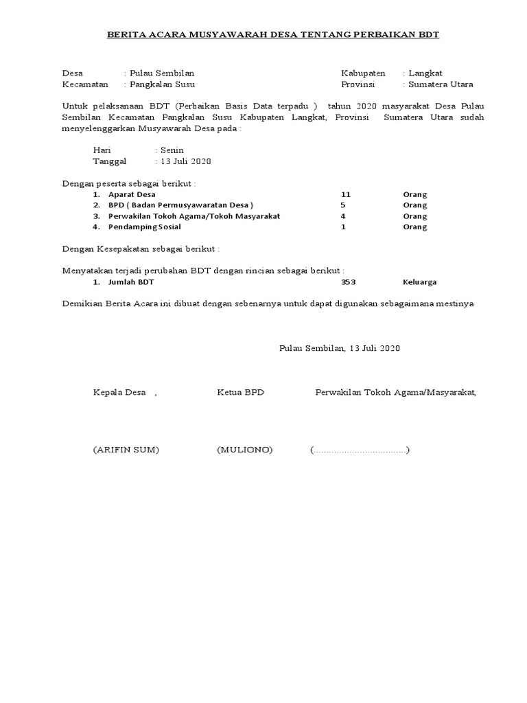 Berita Acara Musyawarah Desa Tentang Perbaikan BDT | PDF