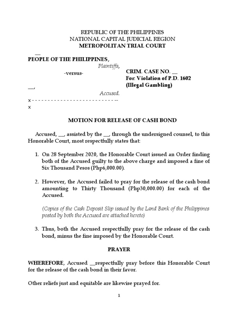 Motion To Release Cash Bond | PDF