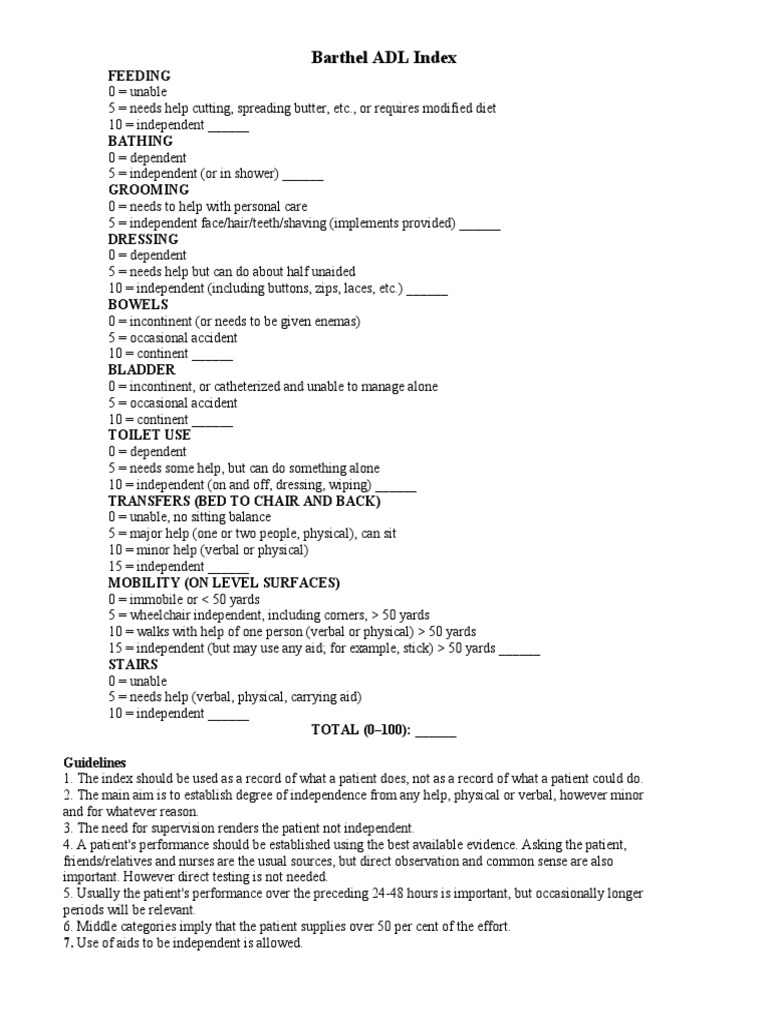 Assessing Daily Living Activities: The Barthel ADL Index | PDF ...