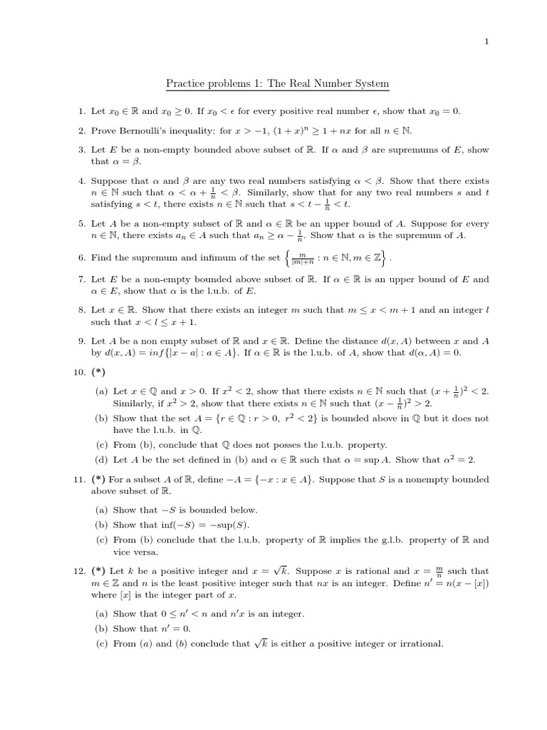 Practice Problems 1 The Real Number System PDF Abstract Algebra