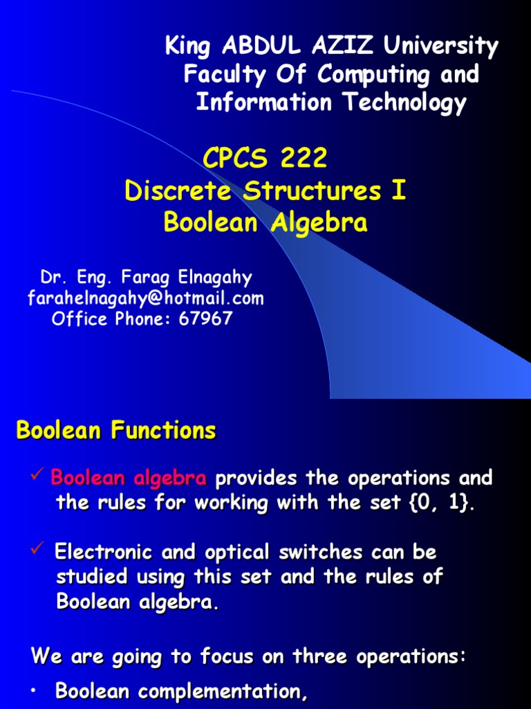 CPCS 222 Discrete Structures I Boolean Algebra | PDF | Boolean Algebra ...