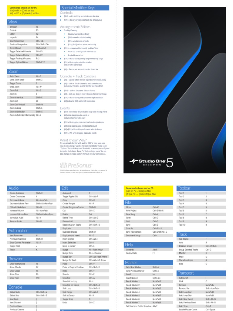 Studio One - Key Commands Sheet PDF | PDF | Control Key | Command Line Interface