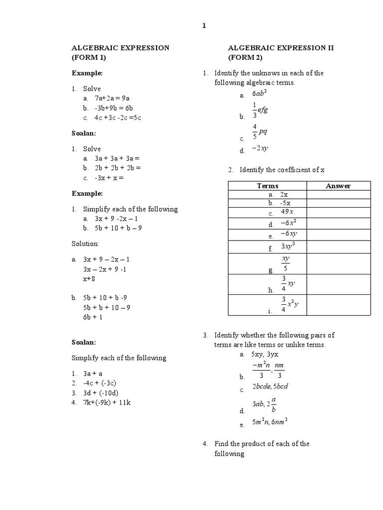Form 1 Algebraic Expressions Exercise | PDF | Discrete Mathematics ...