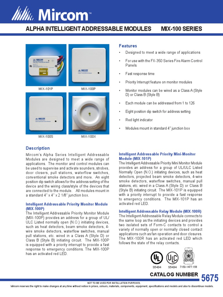 CAT-5675 MIX-100 Series Alpha Intelligent Addressable Modules PDF | PDF | Switch | Amplifier