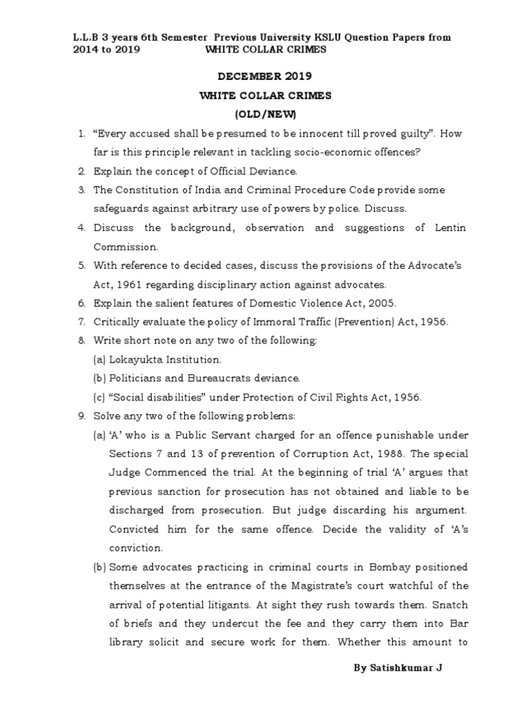 White Collar Crimes From 2014 To 2019 Kslu University Question Papers ...