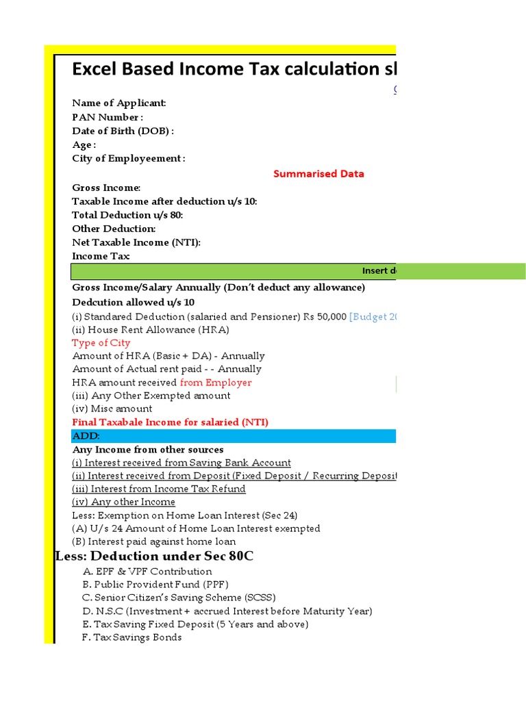 Excel Based Income Tax Calculation Sheet For FY 2019-20, AY (2020-2021 ...