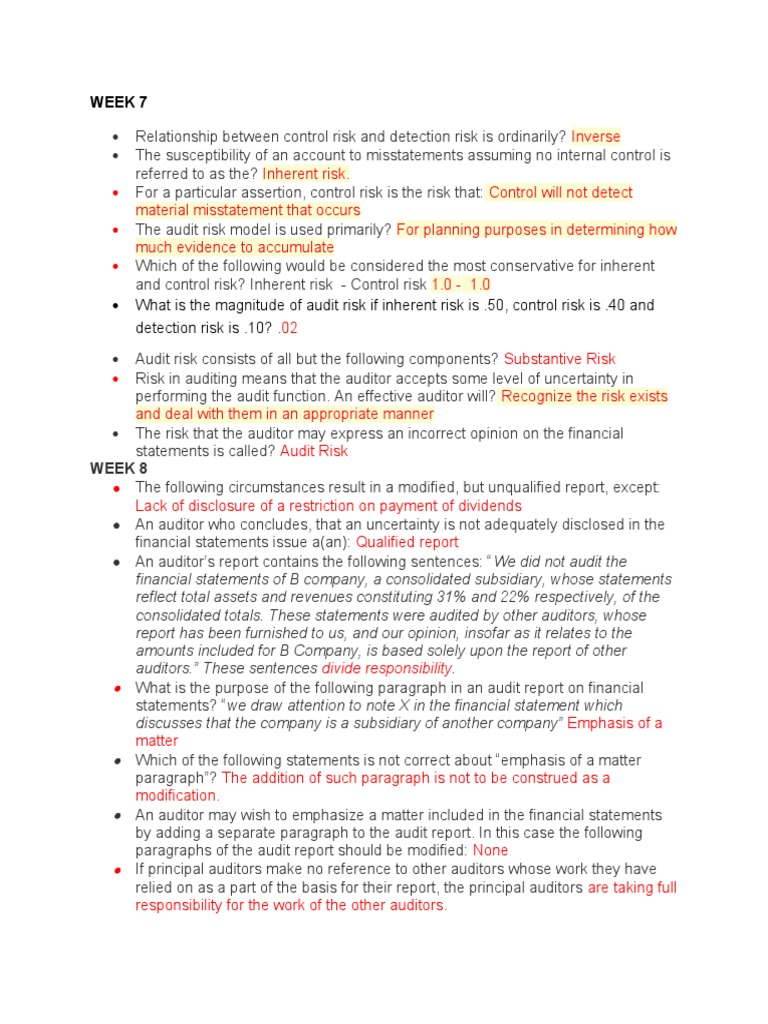 Week 7: What Is The Magnitude of Audit Risk If Inherent Risk Is .50 ...